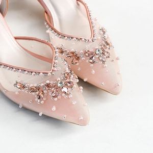Rose Gold Beaded Party Shoe Glass Heels, Bridesmaid Handmade Princess ...