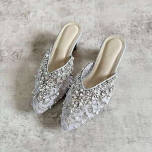 Silver Lace Beaded Party Mule, Bridal Handmade Elegant Heels, Shiny ...