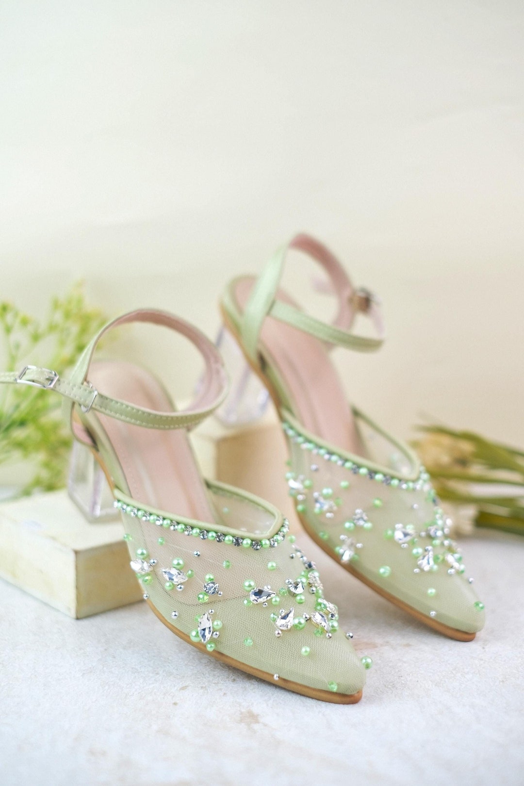 Sage Green Pointed Toe Beaded Party Shoe, Elegant Embroidery Wedding ...