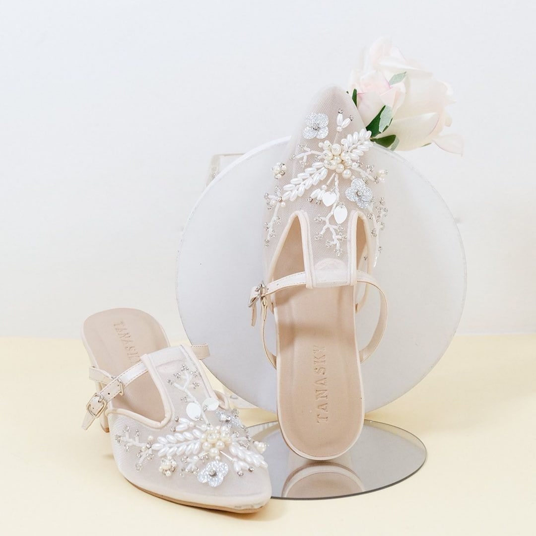 Ivory Floral Beaded Party Mules, Wedding Guest Embroidery Classy Heels ...