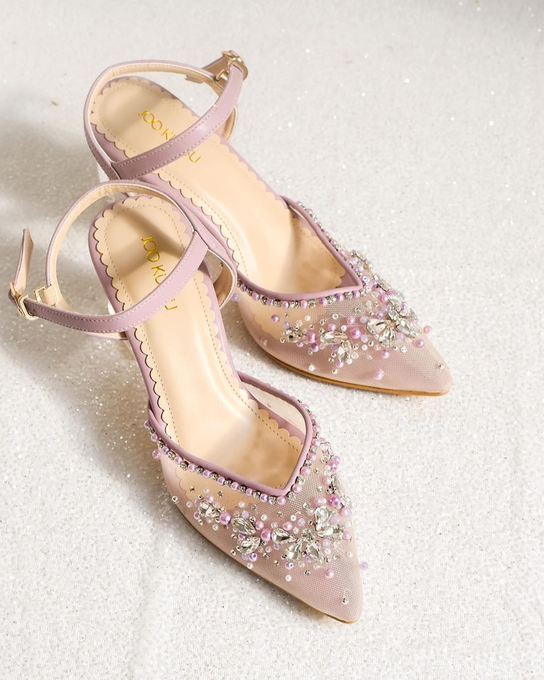 Lavender Rhinestone Party Shoe Low Heels, Lilac Pointed Toe Beaded ...