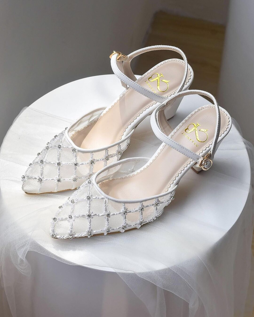 White Square Lace Wedding Shoe, Bridal Fashion Beaded Heels, Custom ...