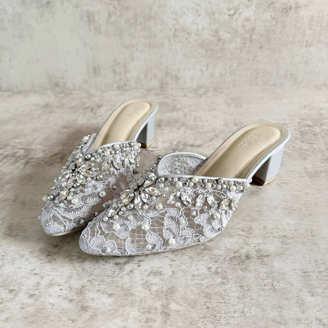 Silver Lace Beaded Party Mule, Bridal Handmade Elegant Heels, Shiny ...