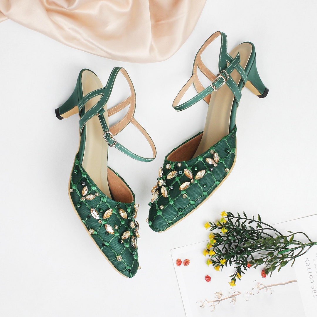 Emerald Green Beaded Party Heels, Simple Glam Green Kitten Heel, Lace ...