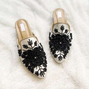 Flower Beaded Pretty Mules, Handmade Elegant Unique Casual Mule, Black ...