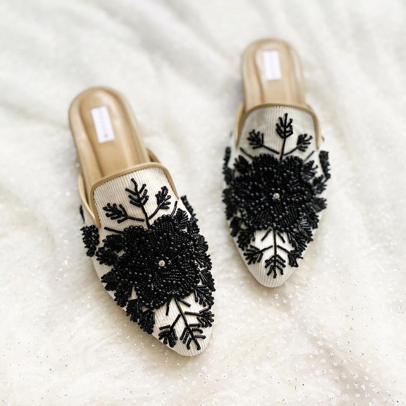 Flower Beaded Pretty Mules, Handmade Elegant Unique Casual Mule, Black ...