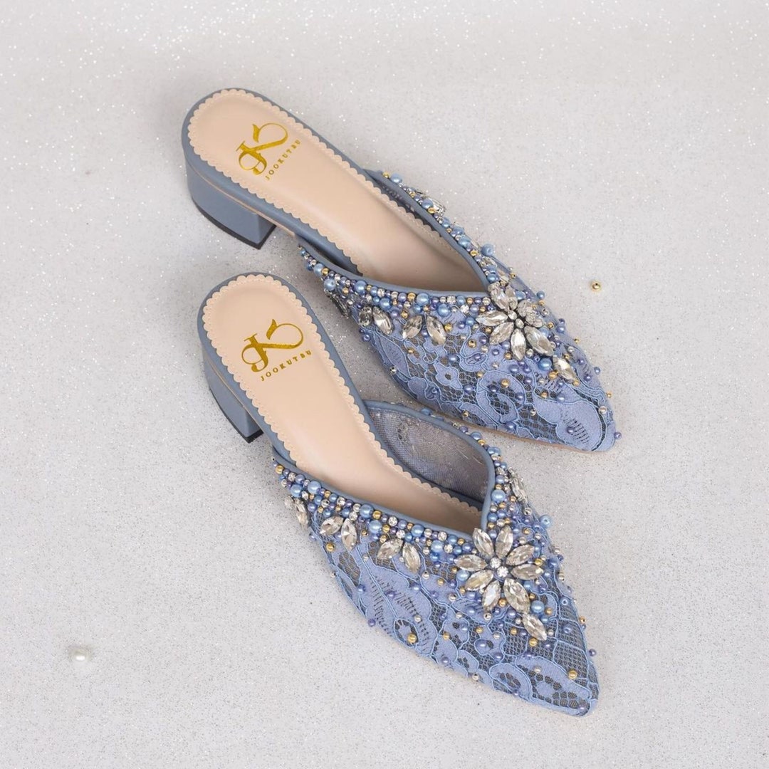 Denim Blue Lace Beaded Mules, Classy Elegant Wedding Guest Heels ...