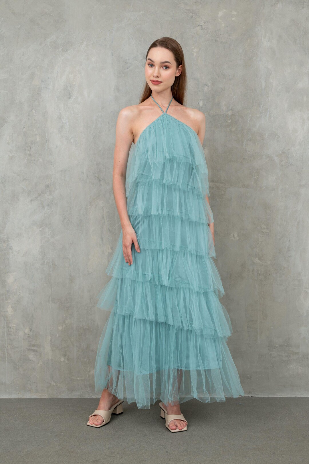 Light Blue Layered Tulle Halter Dress Elegant Tiered Maxi Dress ...