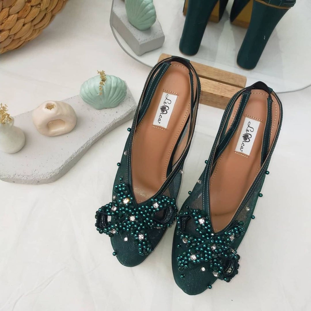 Emerald Green Pearl Beaded Shoe, Huge Ribbon Party Mules, Birthday ...