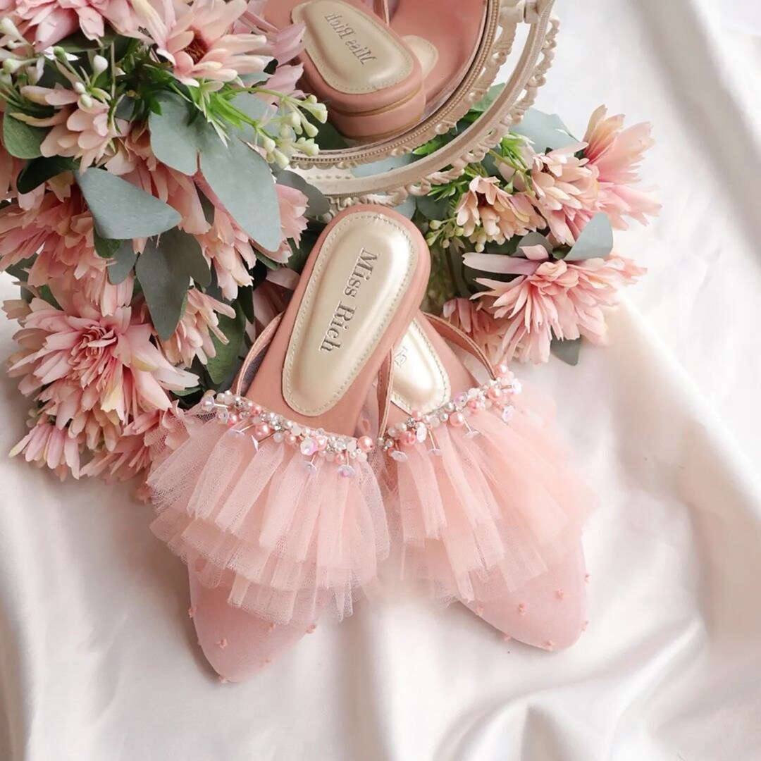 Fluffy Colorful Party Mule, Ruffle Tulle Party Sandals, Simple Pretty ...