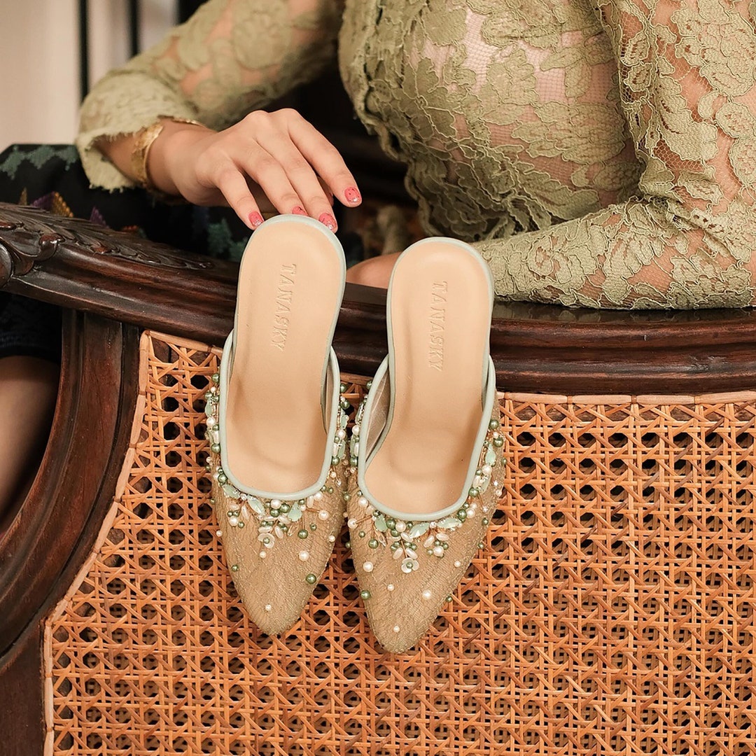 Sage Green Vintage Bridal Mules, Lace Beaded Wedding Guest Sandal ...