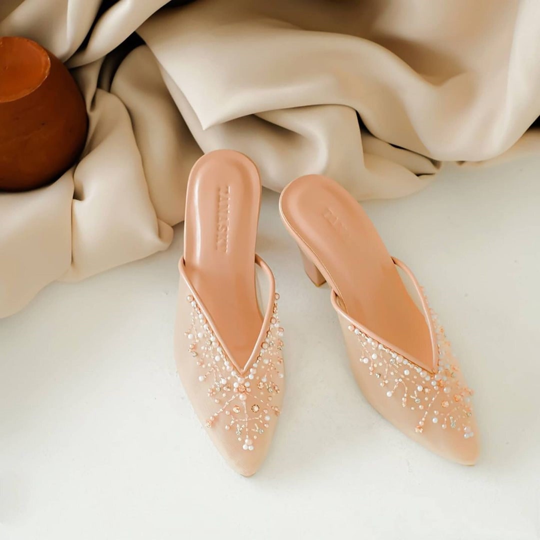 Peach Flower Classic Beaded Mules, Simple Party Wedding Sandals ...