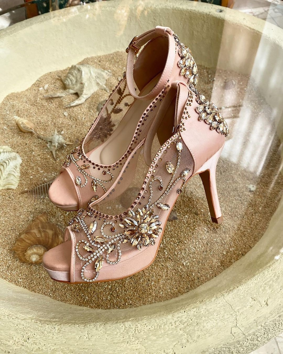 Rosegold Satin Crystal Wedding Heels, Rhinestone Embroidery Bridal ...