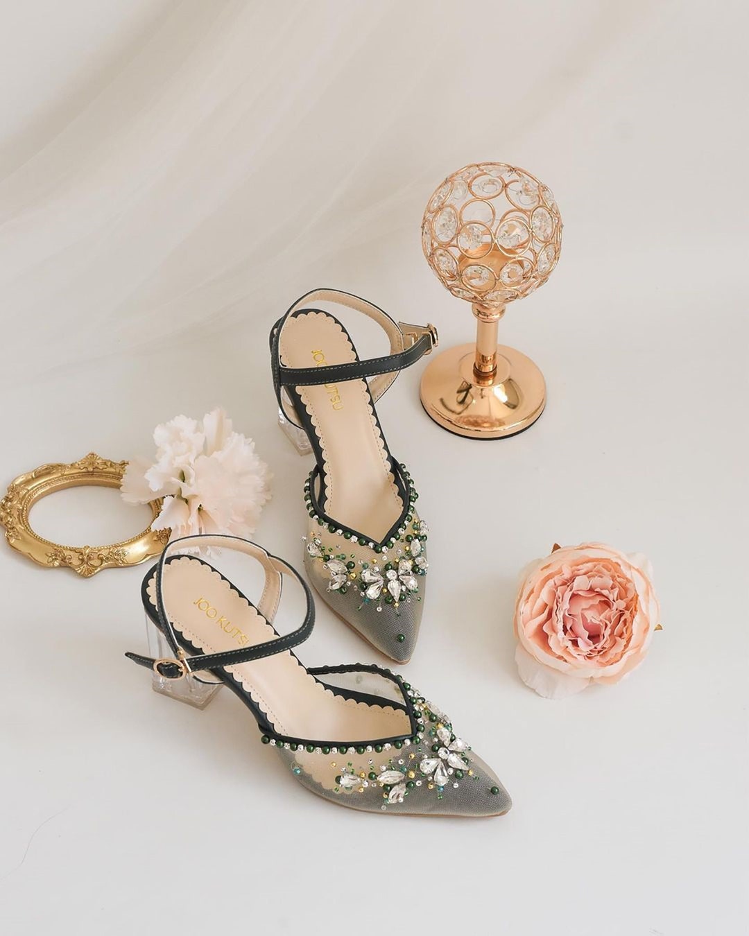 Dark Green Elegant Pearl Party Shoe, Rhinestone Beaded Emerald Green ...