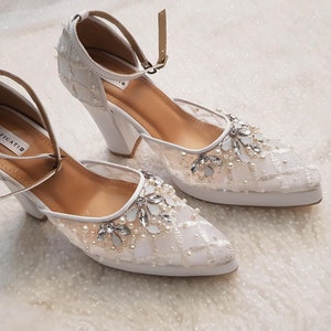 White Lace Wedding Flat Shoes, Tulle Bridal Custom Heels, Elegant Party ...