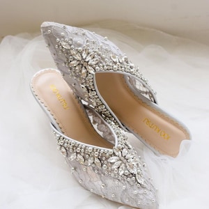 Silver Lace Beaded Party Mule, Bridal Handmade Elegant Heels, Shiny ...