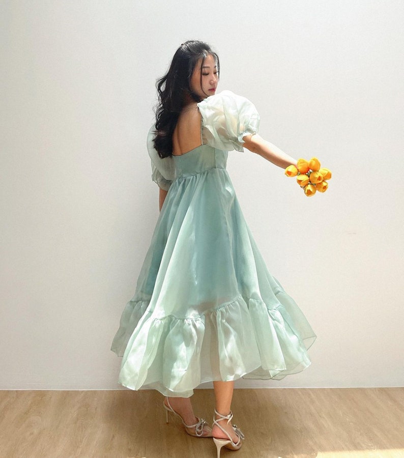 Mint Green Princes Cinderella Dress, Puff Sleeves Organza Dress ...