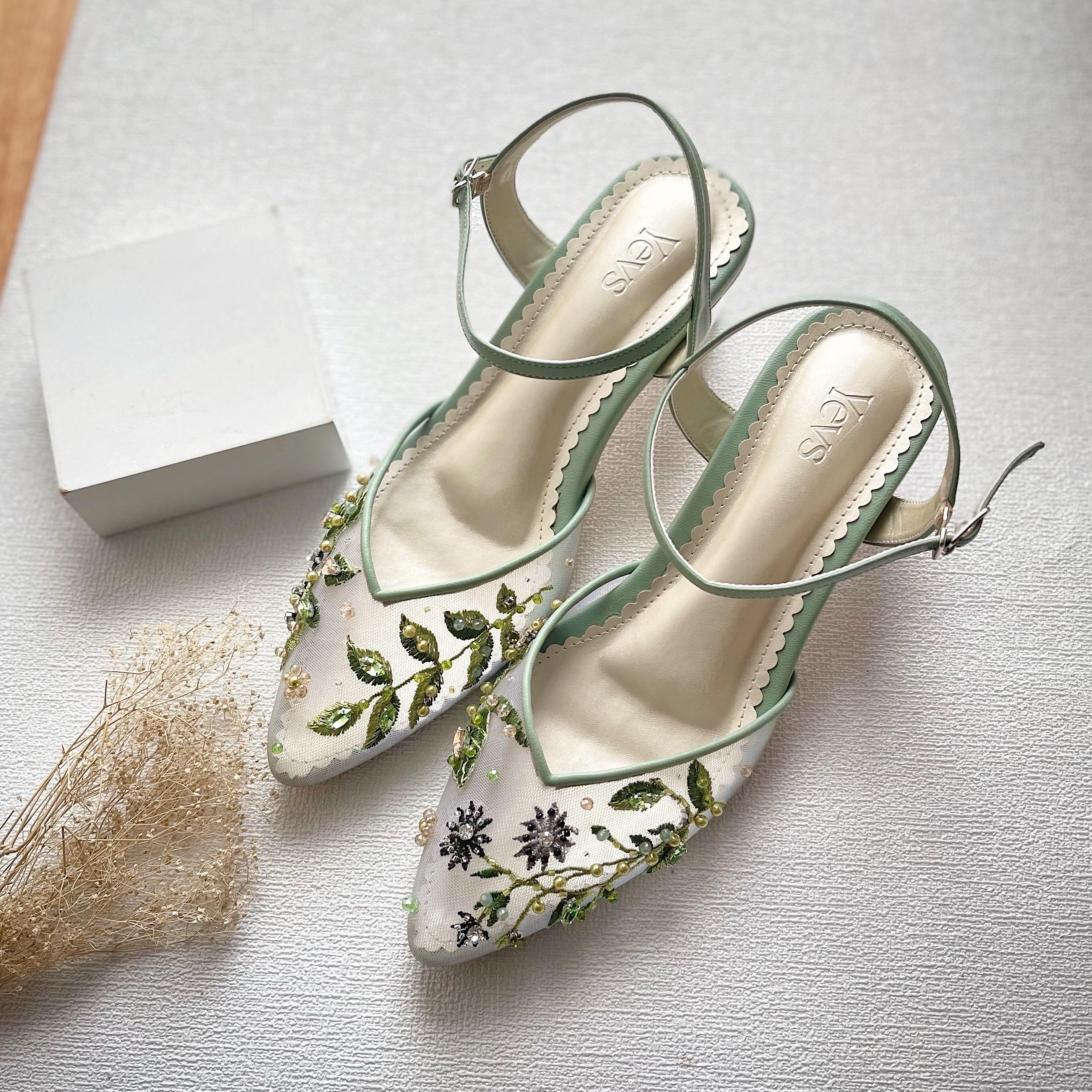 Green Floral Embroidered Wedding Shoes, Handmade Beaded Classy Elegant ...