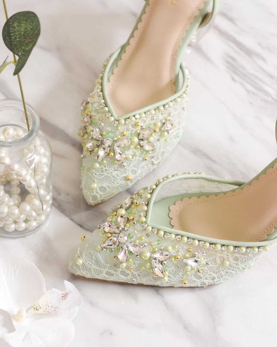 Mint Green Lace Party Heels, Custom Bridal High Heels, Vintage Handmade ...