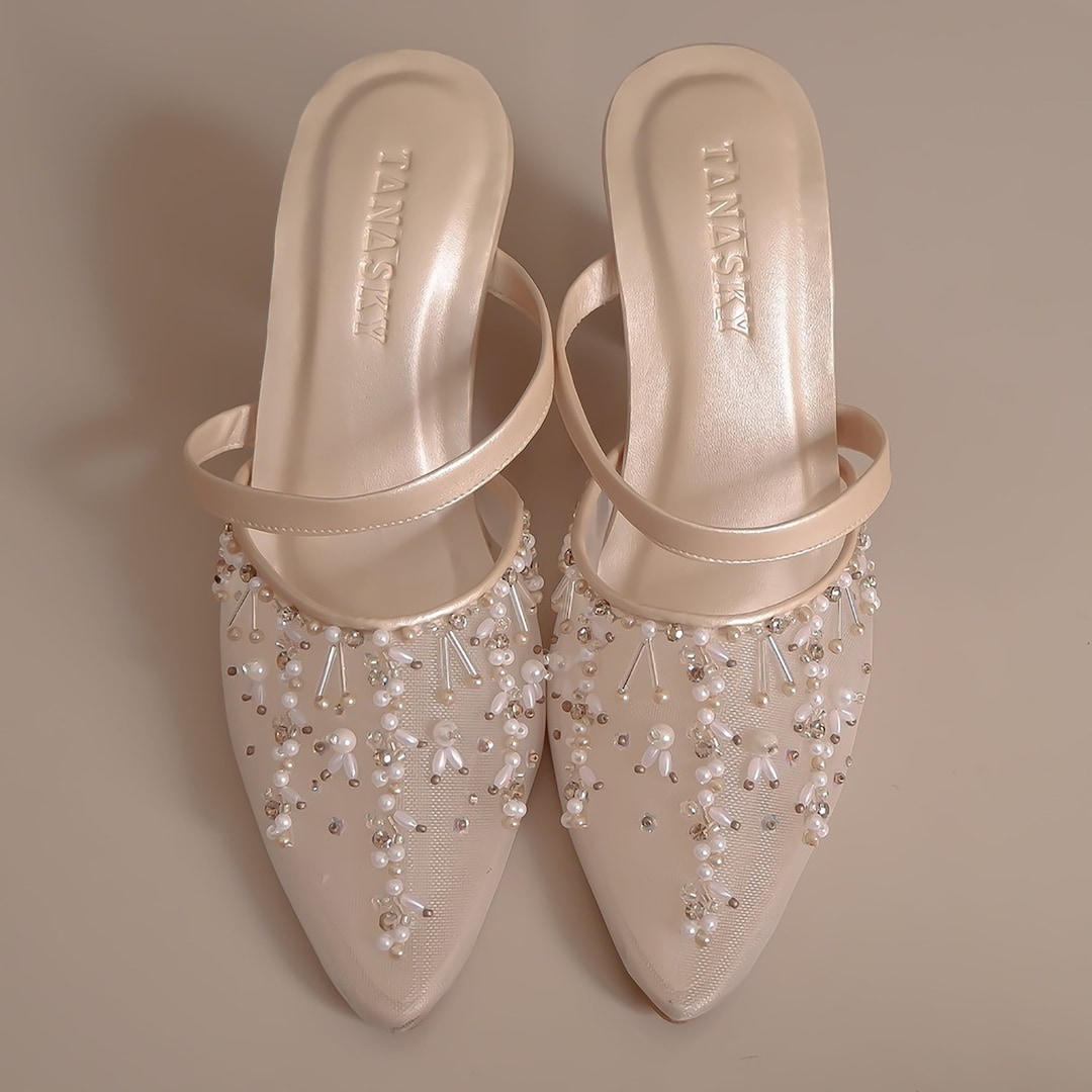 Broken White Beaded Elegant Party Mules, Ivory Classy Sequin Mule ...