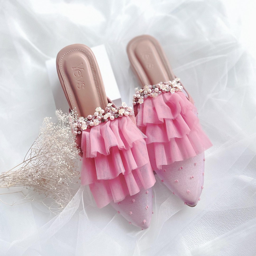 Layered Party Fluffy Slippers, Pink Ruffle Pretty Sandals, Simple Cute ...
