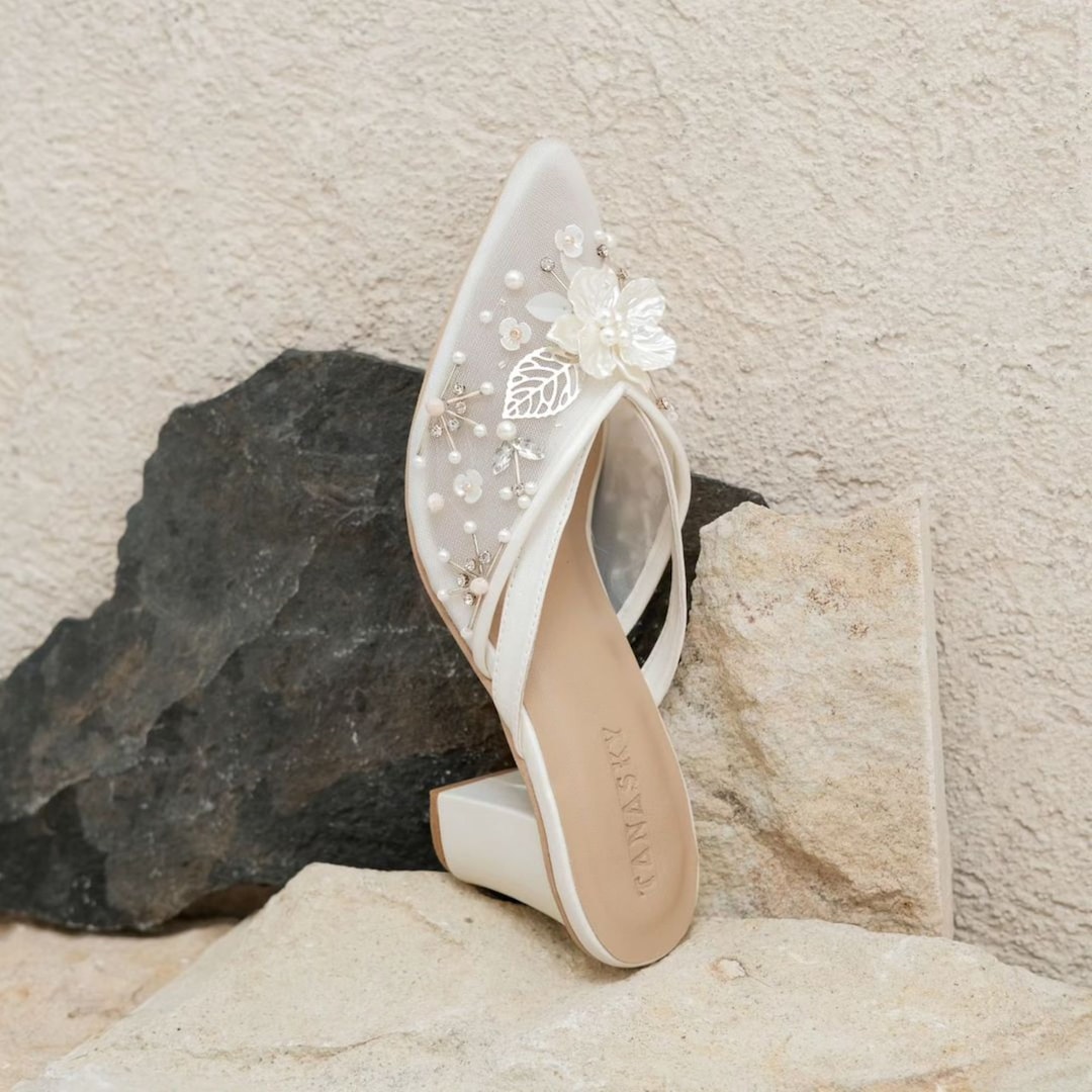 Ivory Beaded 3d Floral Mules, Classic Embroidery Party Sandal, Elegant ...