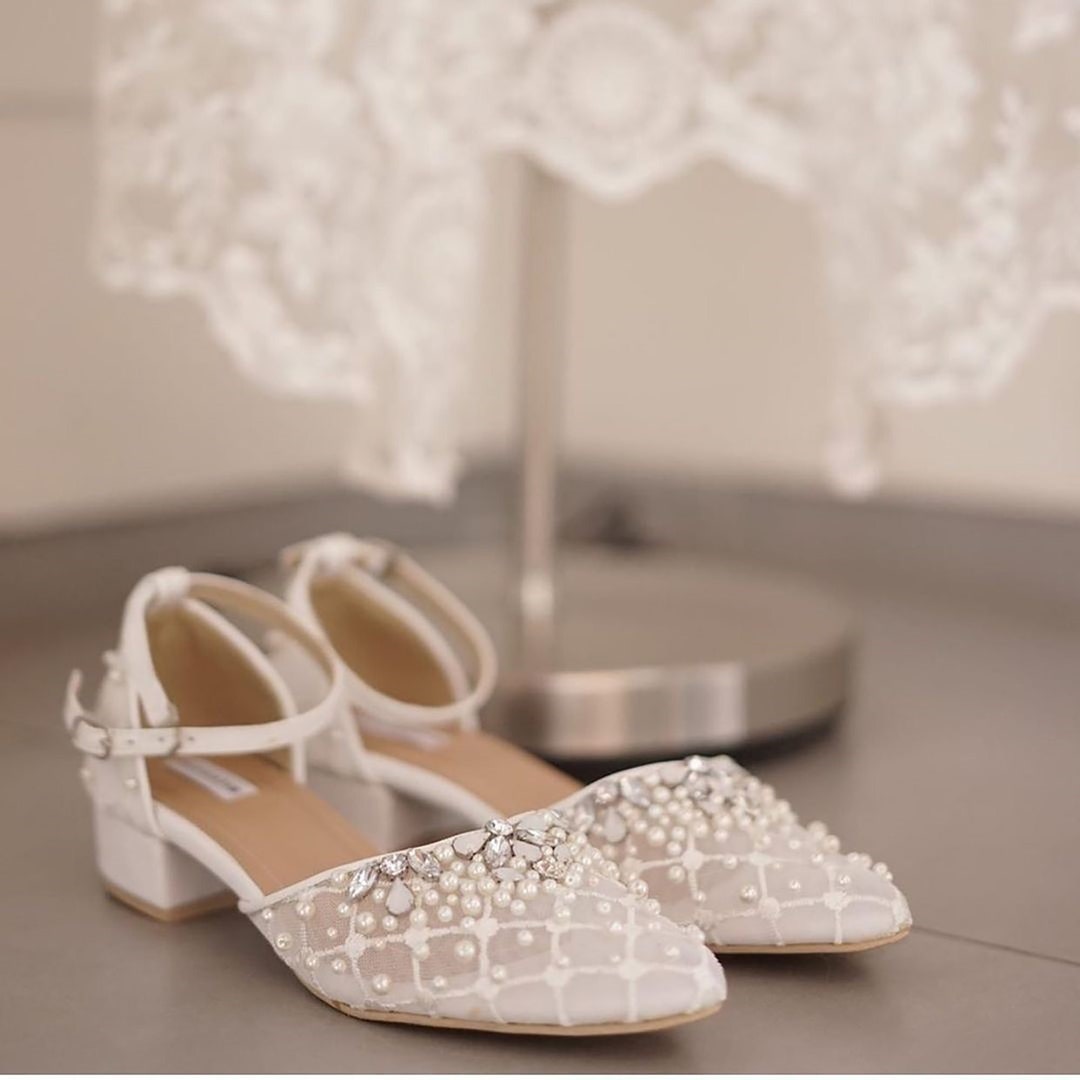 White Lace Wedding Flat Shoes, Tulle Bridal Custom Heels, Elegant Party ...
