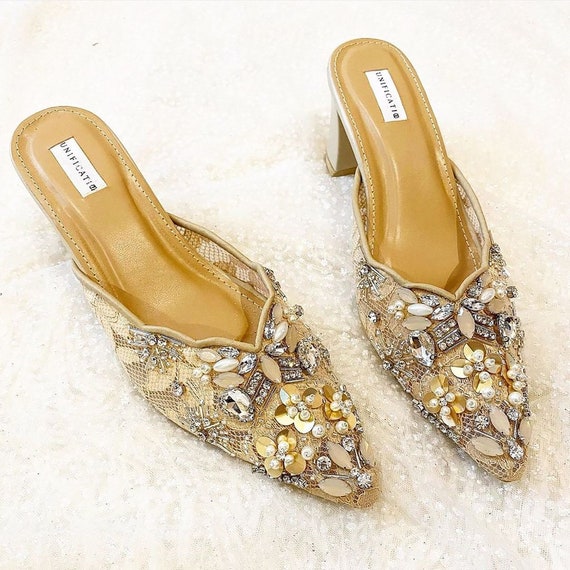 Champagne Beaded Lace Wedding Mule Classy Elegant Rhinestone - Etsy