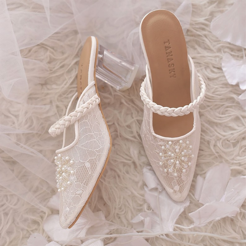 Ivory Wedding Mule Glass Heels Pointed Toe Bridal Shoe - Etsy