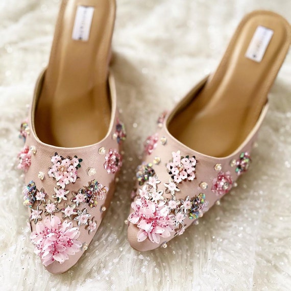 Pink embroidery bridal beaded high heels bride pink heels | Etsy