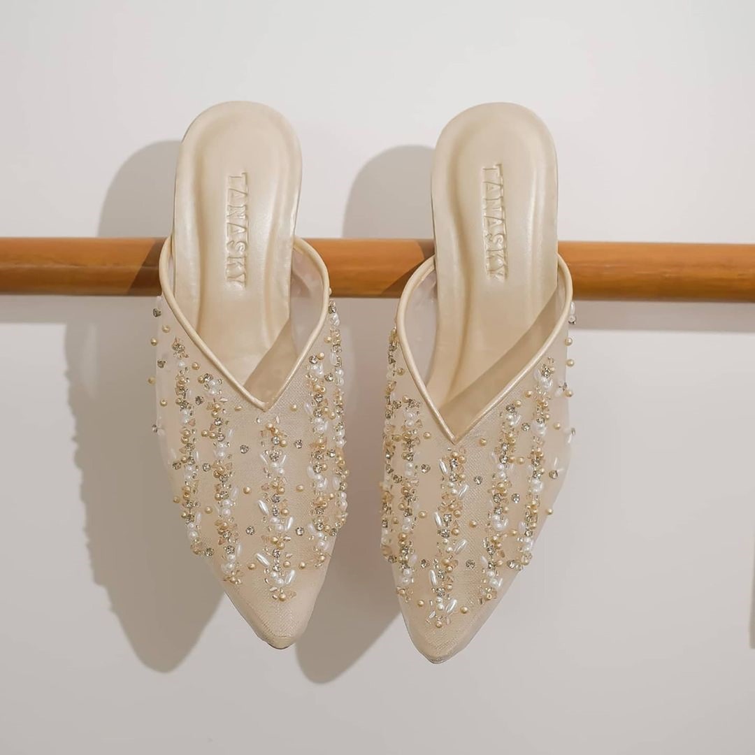 Broken White Tulle Wedding Mule, Elegant Embroidery Mule, Wedding Guest ...