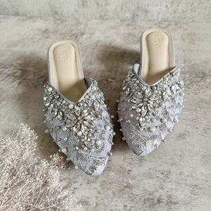 Silver Lace Beaded Party Mule, Bridal Handmade Elegant Heels, Shiny ...