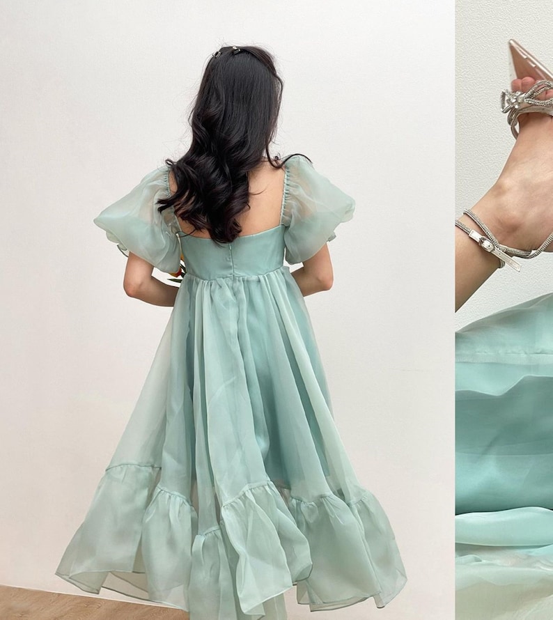 Mint Green Princes Cinderella Dress, Puff Sleeves Organza Dress ...