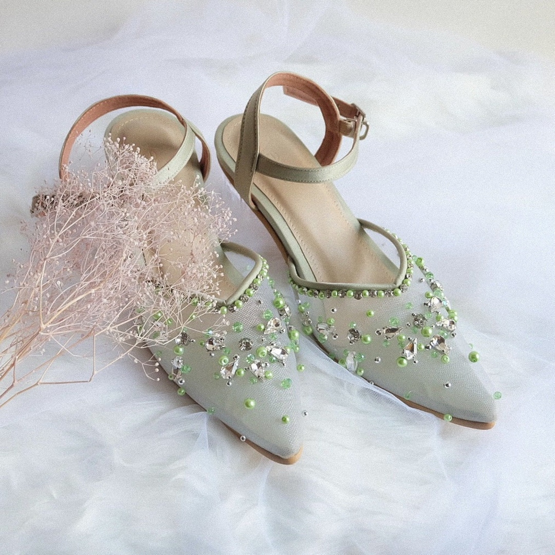 Sage Green Pointed Toe Beaded Party Shoe, Elegant Embroidery Wedding ...