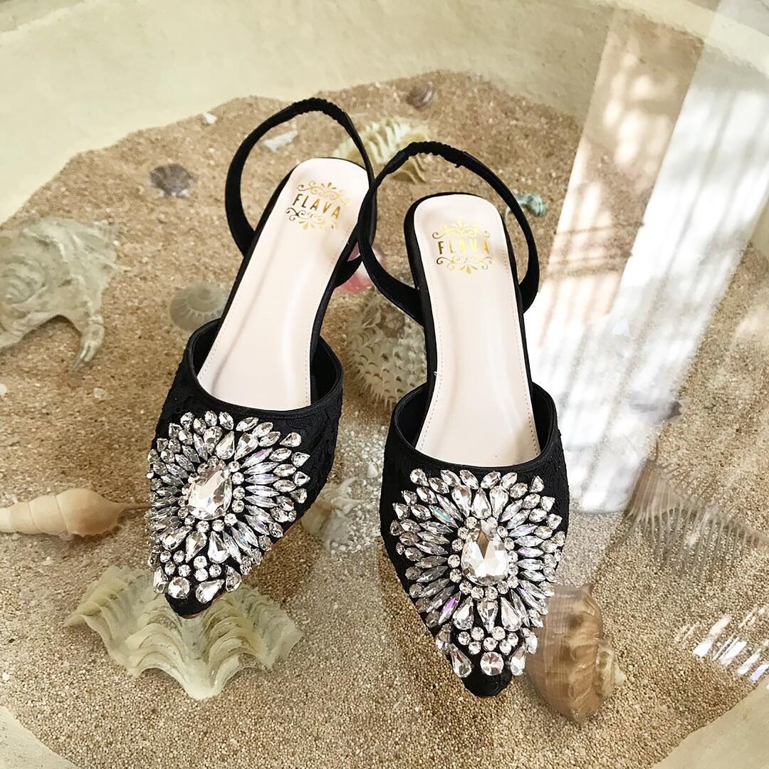 Black Lace Rhinestone Flat Shoe, Elegant Evening Party Ankle Strap Shoe ...