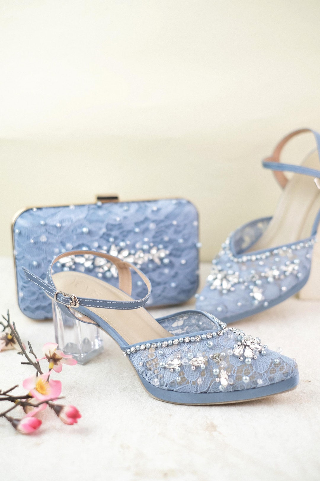 Lace Blue Denim Wedding Shoe, Beaded Classy Party Elegant Heel, Match ...