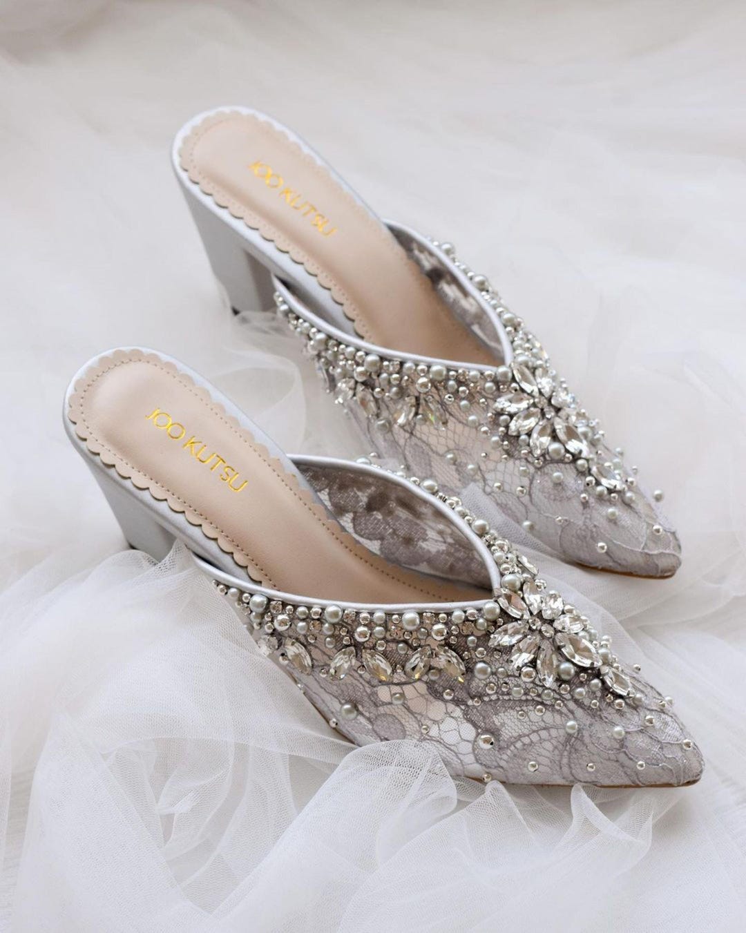 Silver Lace Beaded Party Mule, Bridal Handmade Elegant Heels, Shiny ...