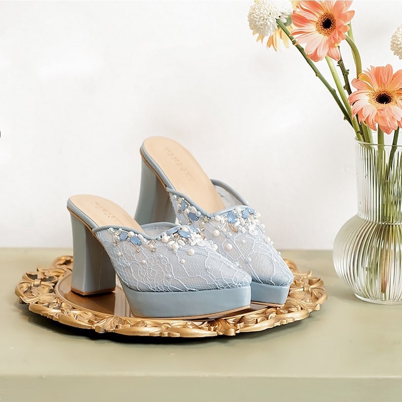 Ice Blue Lace Beaded Wedding Sandal, Pointed Toe Embroidery Bridal ...