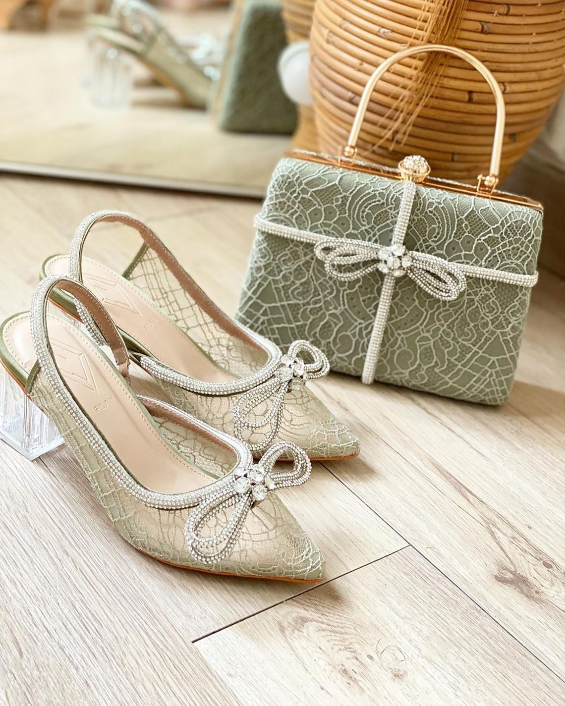 Sage Green Lace Shoes and Clutch Set Simple Classy Matcing - Etsy