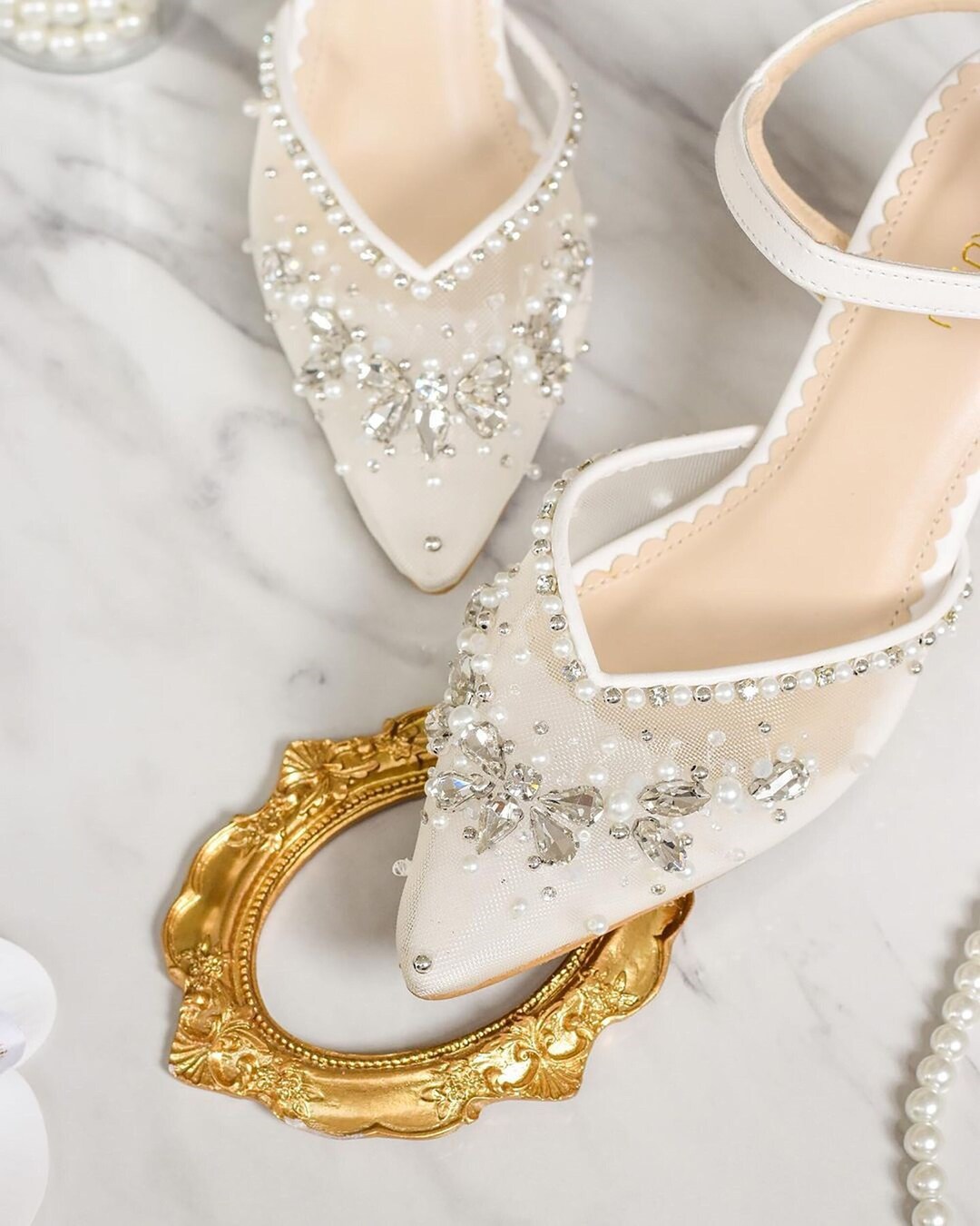 White Pointed Toe Transparent Bridal Shoe, Handmade Crystal Beaded ...