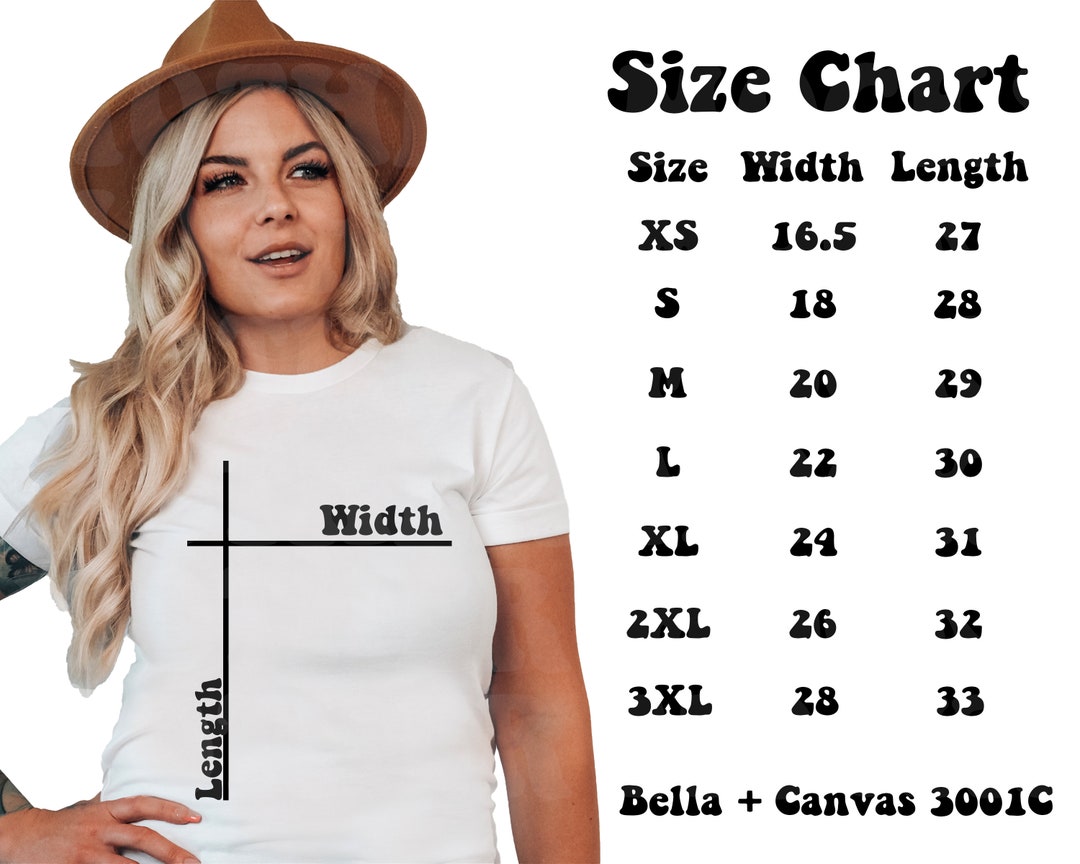 Bella and Canvas 3001C Size Chart, Size Chart for Mock Up, Bella and ...