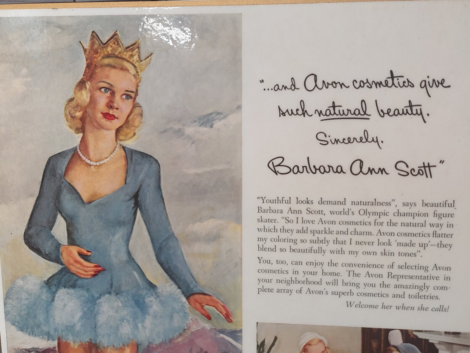 Vintage 1951 Avon Cosmetics Mounted Ad Barbara Ann Scott Skater Dorothy ...