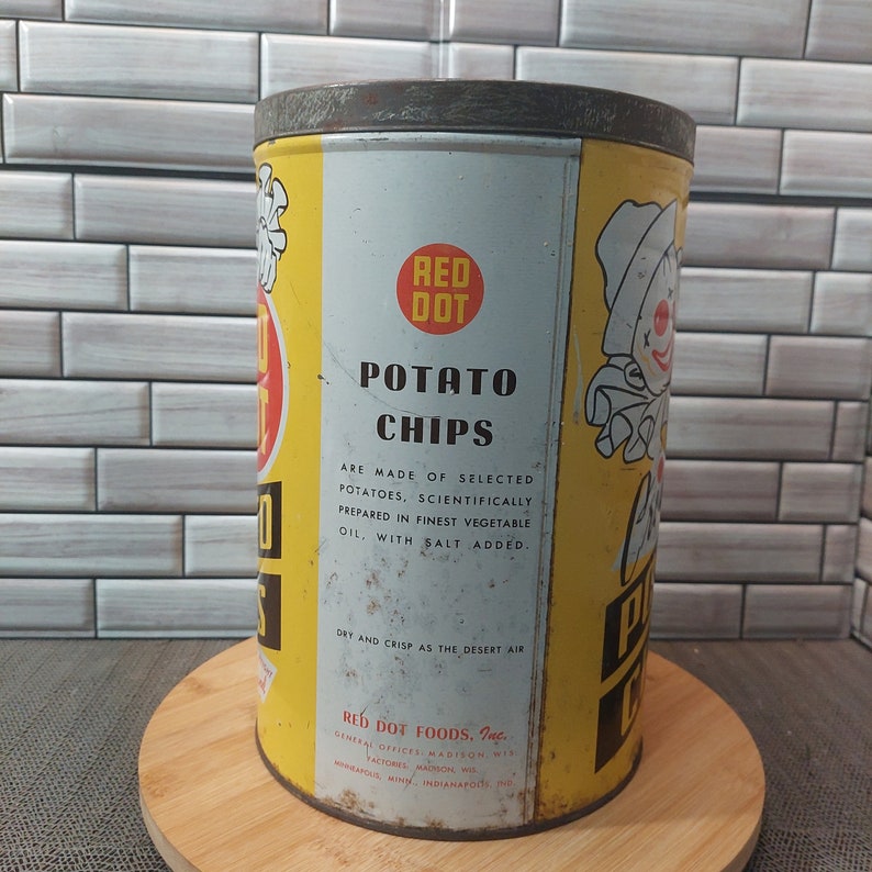 Vintage 1950's Red Dot Potato Chips One Pound Tin - Madison, Wisconsin ...