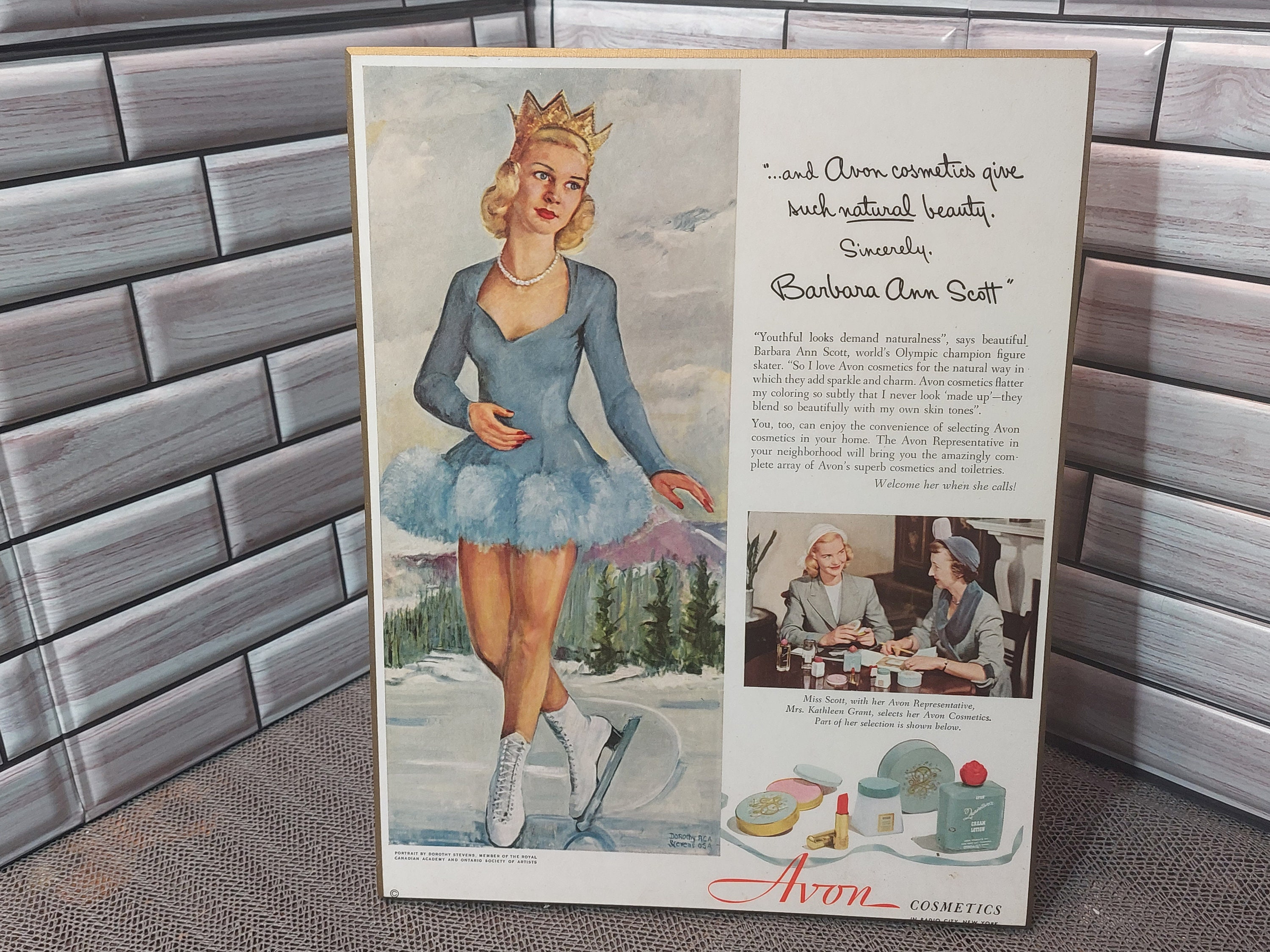 Vintage 1951 Avon Cosmetics Mounted Ad Barbara Ann Scott Skater Dorothy ...