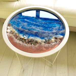 Round Side Table - Folding Resin Table With Sea Waves - Handmade Epoxy ...
