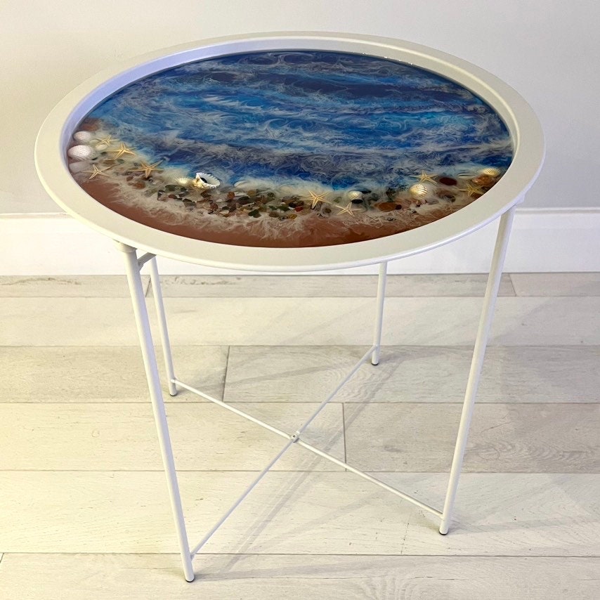 Round Side Table Folding Resin Table With Sea Waves Handmade Epoxy ...