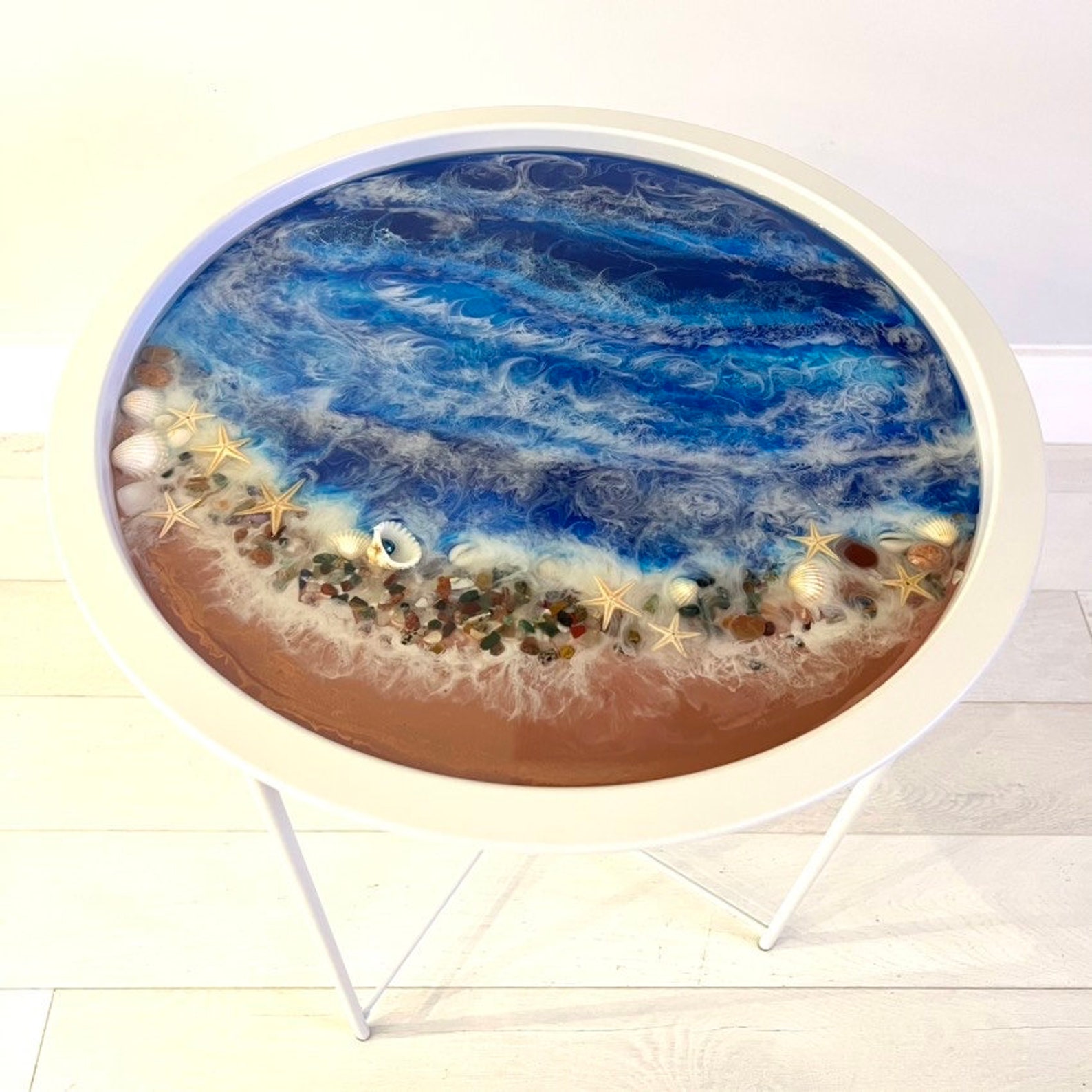 Round Side Table Folding Resin Table With Sea Waves Handmade Epoxy ...