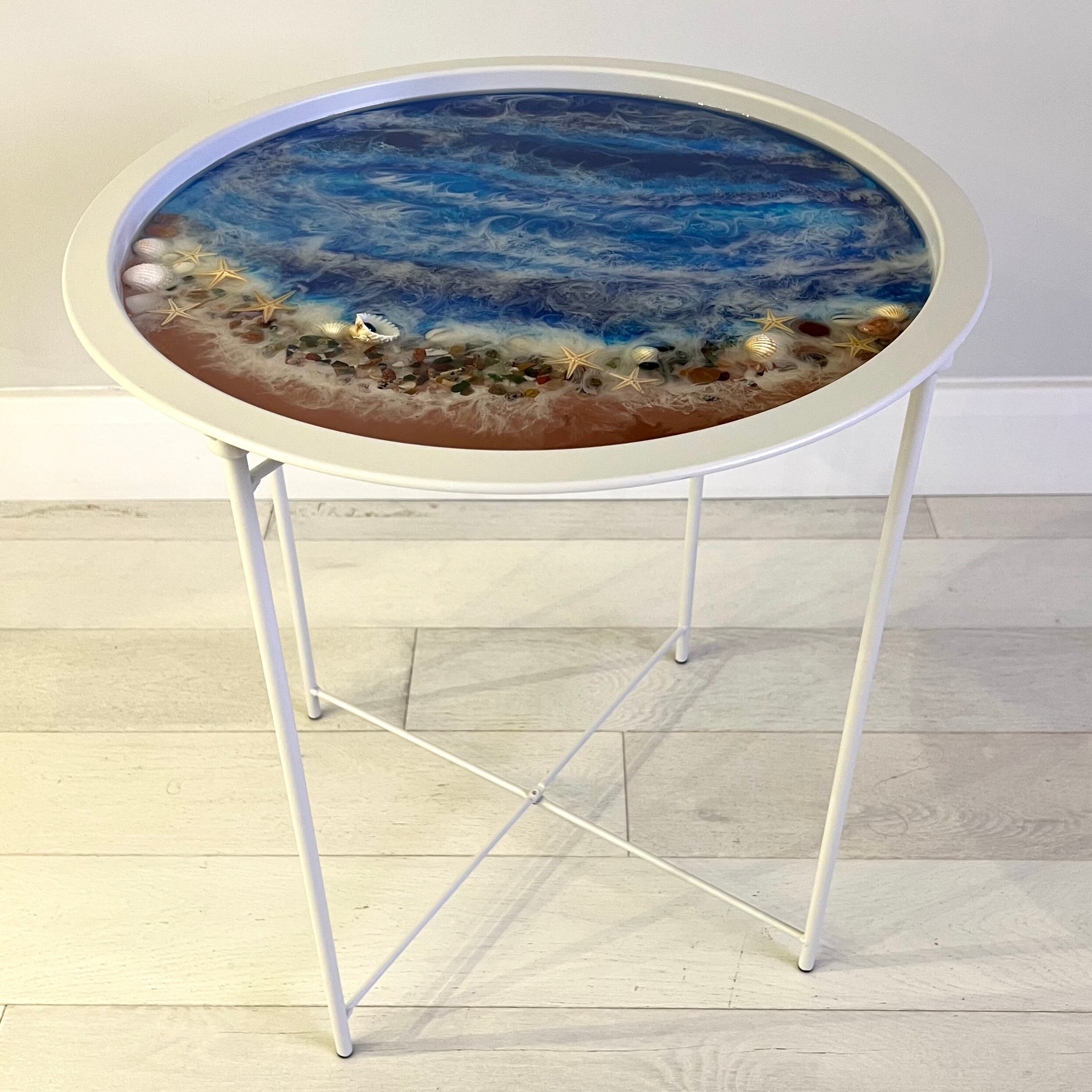 Round Side Table Folding Resin Table With Sea Waves Handmade Epoxy ...