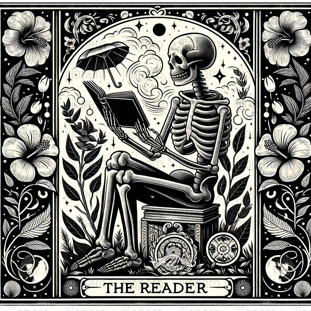 Gothic Skeleton Reading Laptop Art, Black and White Digital PNG, Home ...