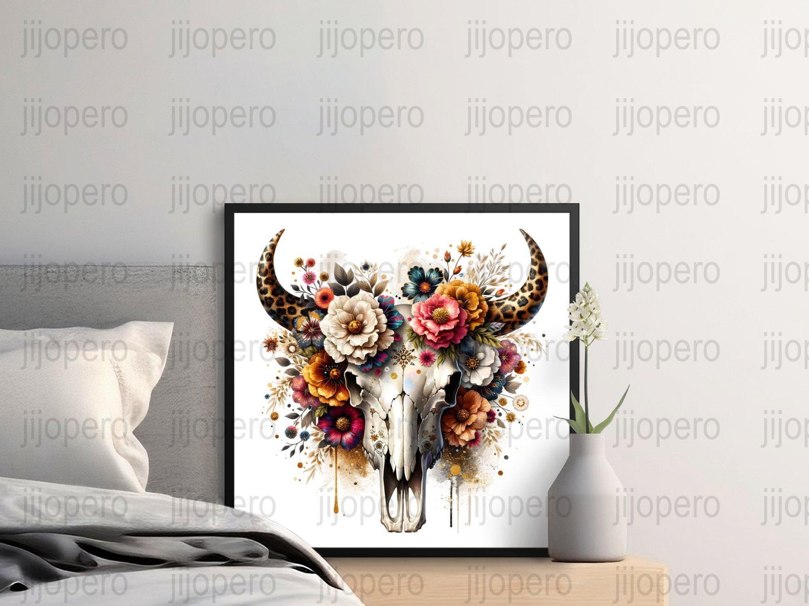 Boho Skull Digital Art PNG, Floral Cow Skull Printable, Chic Bohemian ...